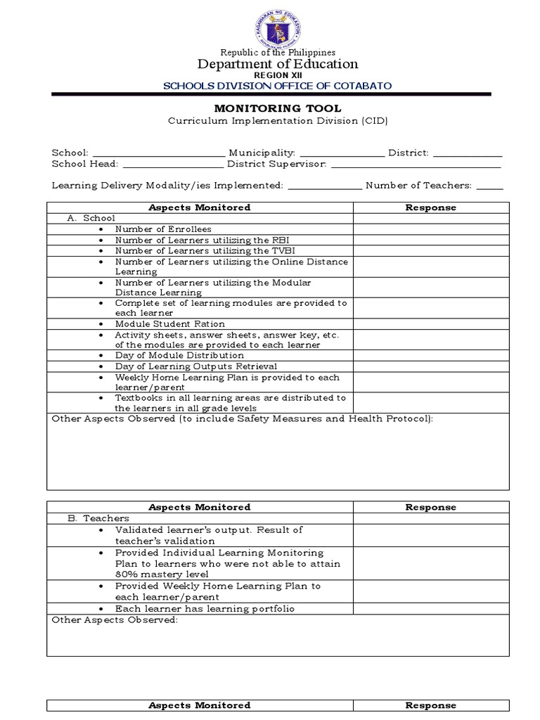 Department of Education: Monitoring Tool | PDF | Learning | Educational ...