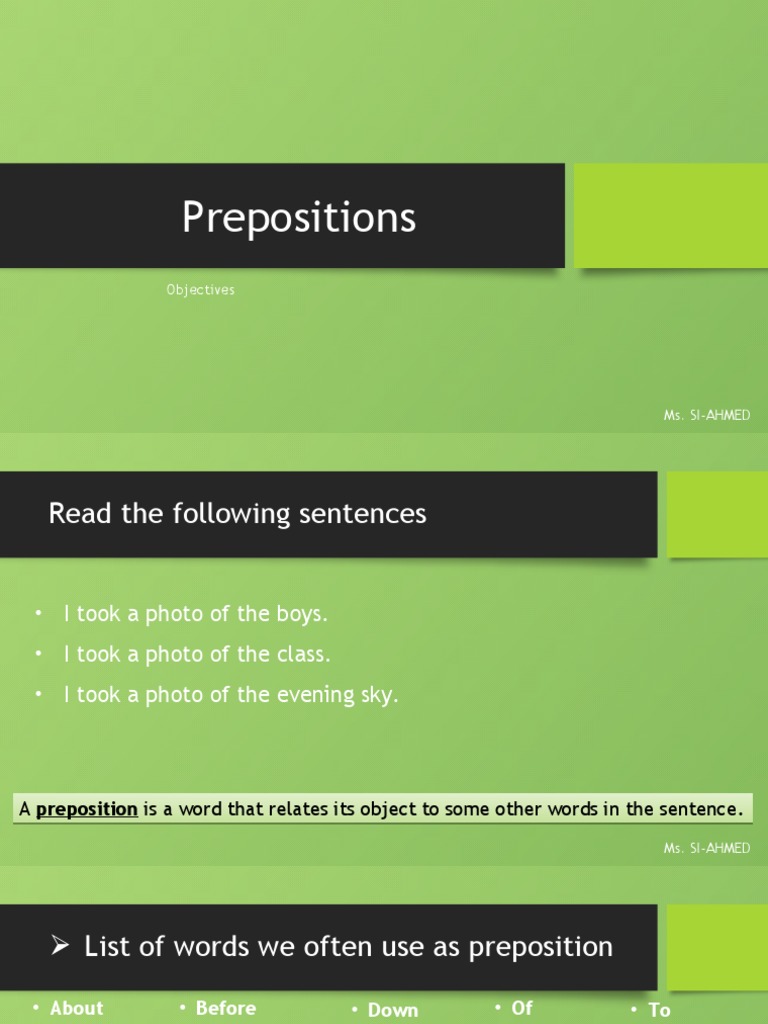 Prepositions: Objectives | PDF | Preposition And Postposition | Adverb