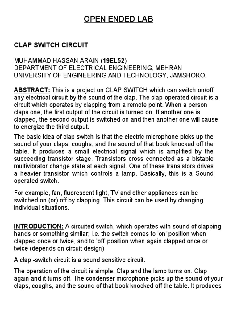 Open Ended Lab: Clap Switch Circuit | PDF | Capacitor | Bipolar ...
