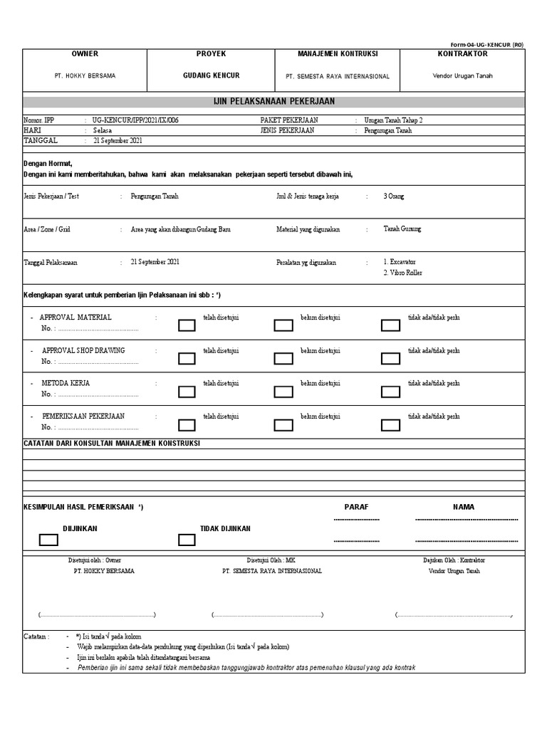 Form (Ijin Pelaksanaan Pekerjaan) | PDF