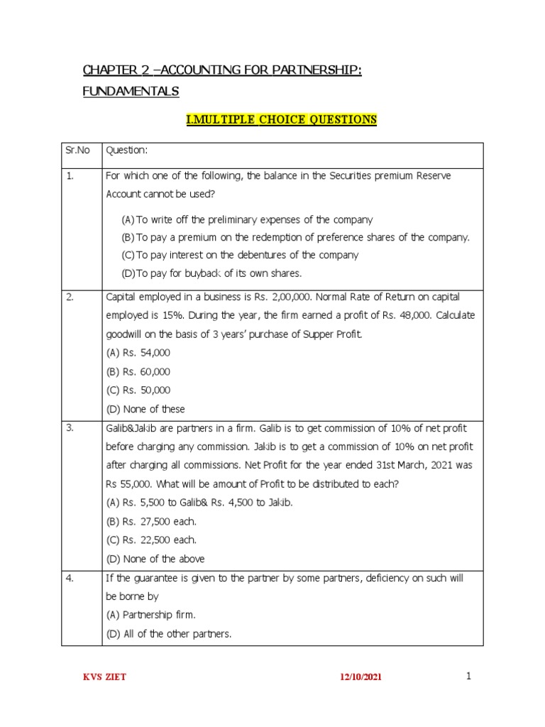 Accounting Fundamentals of Partnership: Multiple Choice Questions on ...