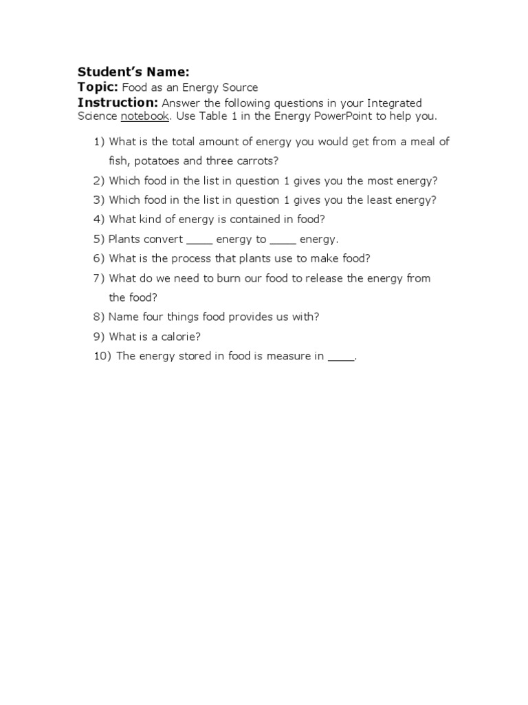 Food Energy Sources and Measurements | PDF