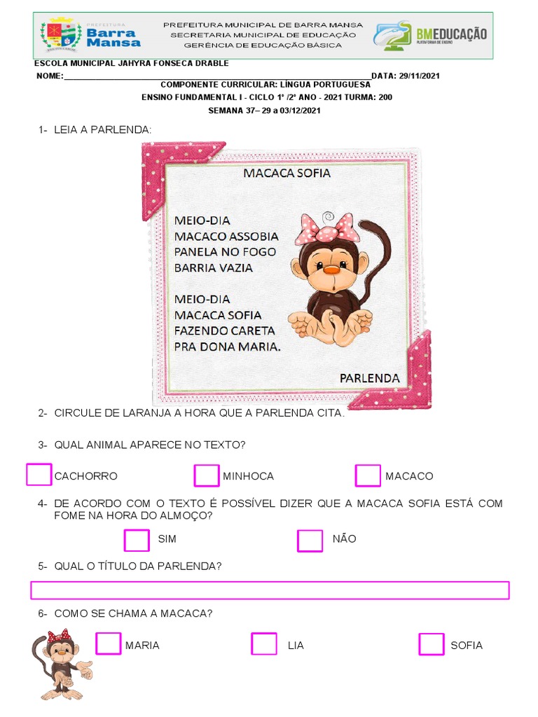 Sequência Didática Macaca Sofia | PDF