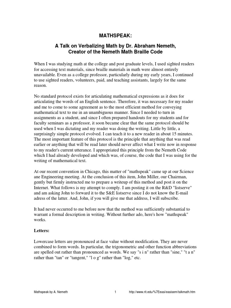 Mathspeak: A Talk On Verbalizing Math by Dr. Abraham Nemeth, Creator of ...