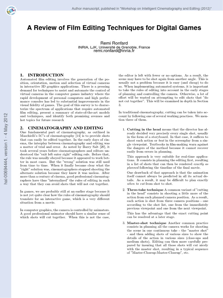 A Review of Film Editing Techniques For | PDF | Cinematography | 3 D ...
