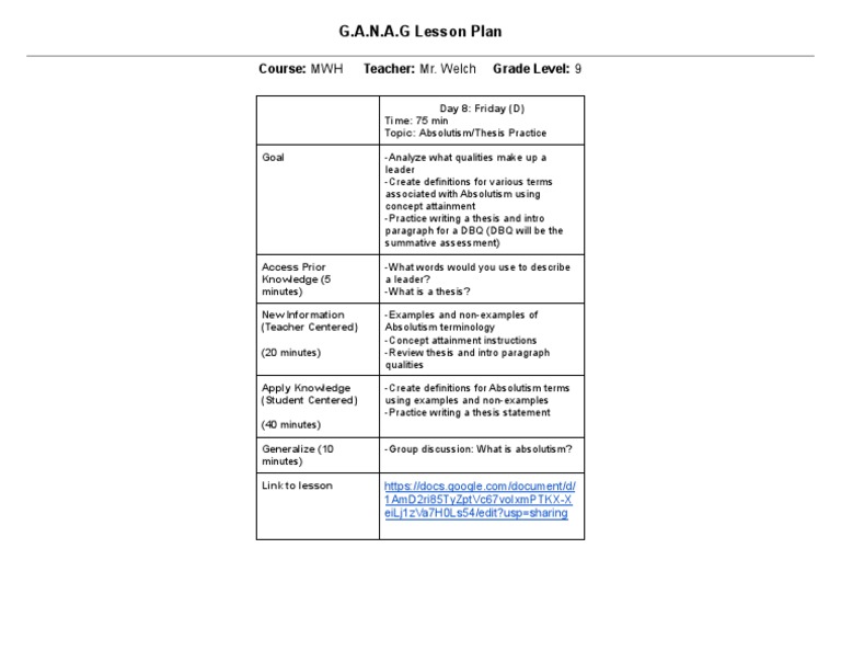 G.A.N.A.G Lesson Plan: Course: MWH Teacher: Mr. Welch Grade Level: 9 | PDF