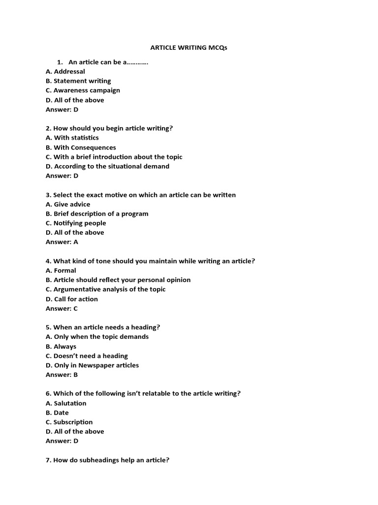 Article Writing Mcqs | PDF | Mobile Phones
