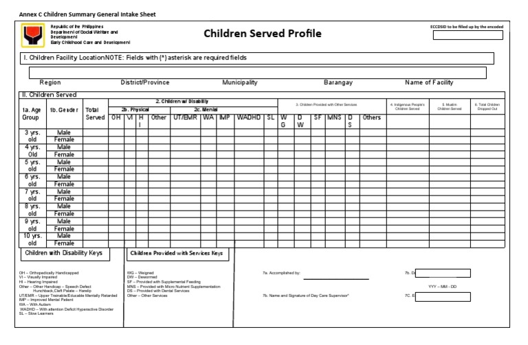ECCD Children Intake Summary Sheet | PDF | Disability | Psychology