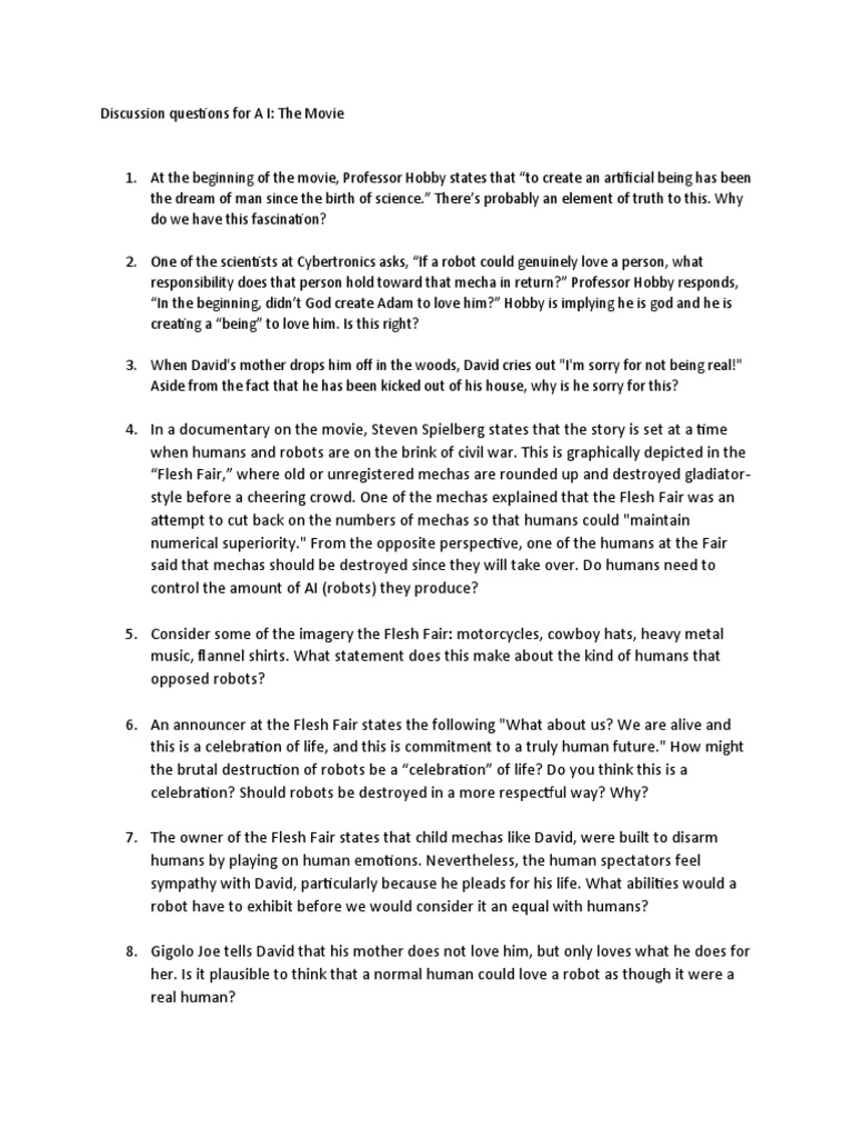 Grade 8 Discussion Questions To Artificial Intelligence 3 | PDF | Robot ...