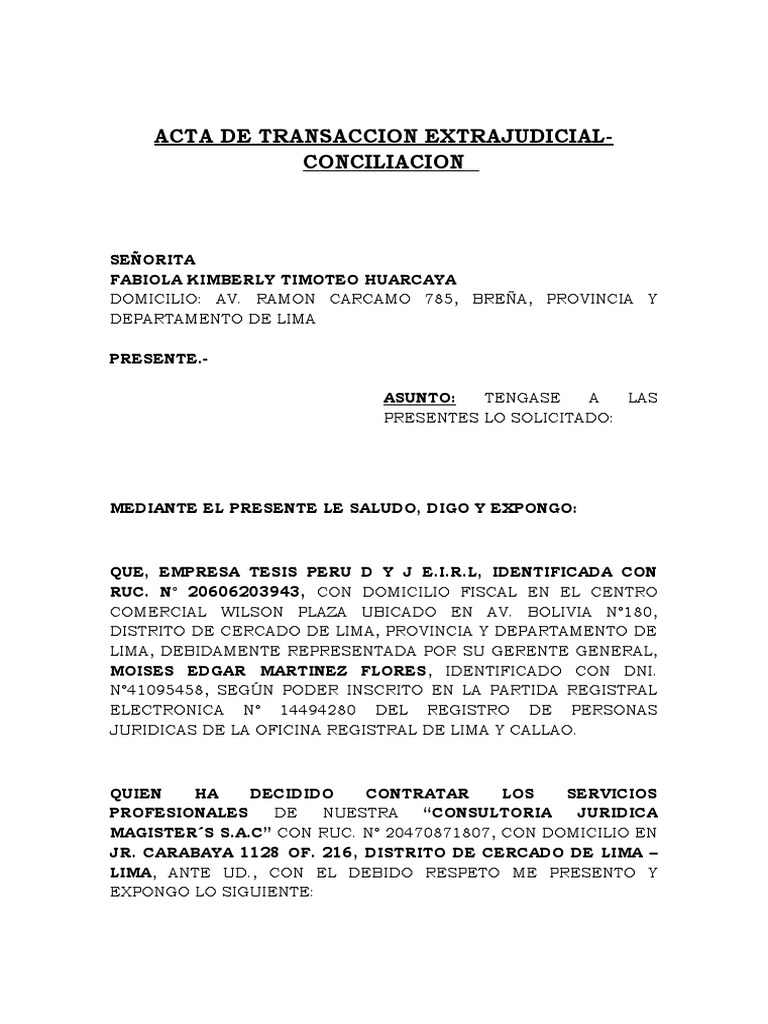 Acta de Transaccion Extrajudicial Kimberly | PDF