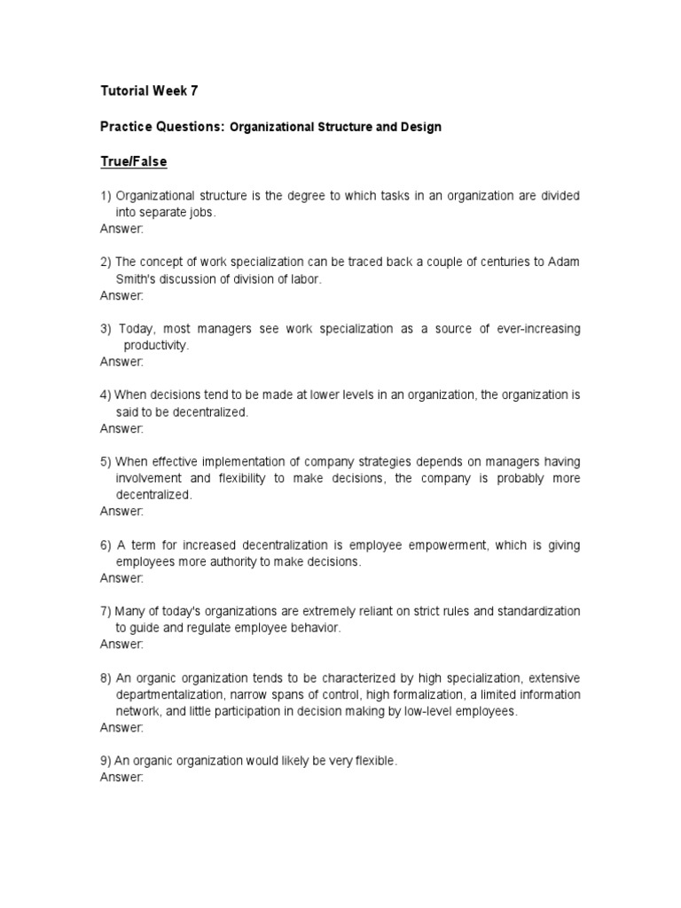 Tutorial Week 7 Practice Questions: True/False | PDF | Organizational ...