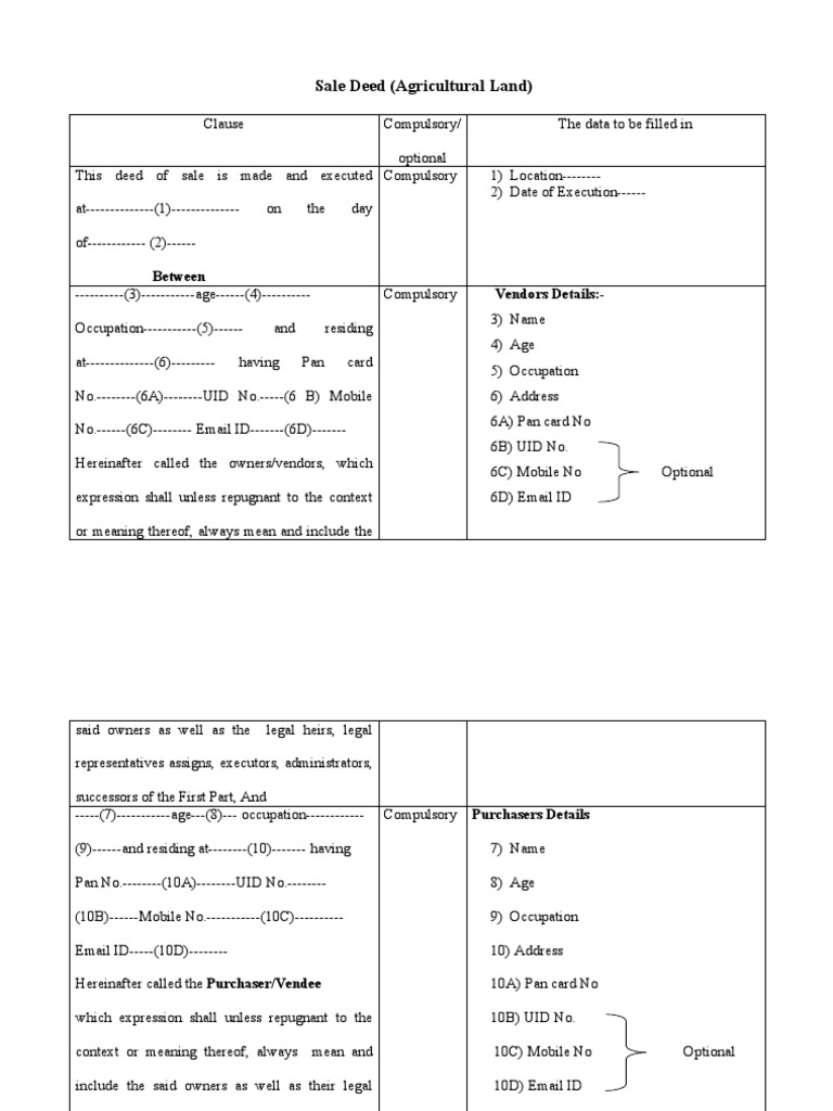 Sale Deed (Agricultural Land) : Between Vendors Details | PDF | Deed ...