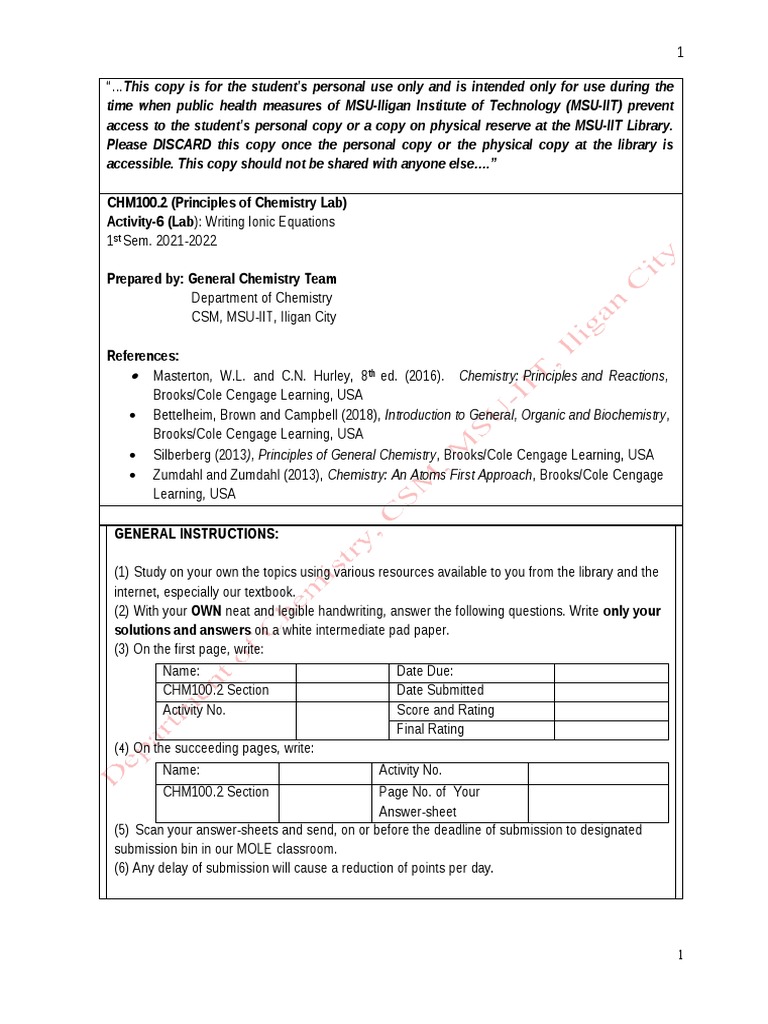 Activity 6 - Writing Ionic Equations | PDF | Dissociation (Chemistry) | Solubility