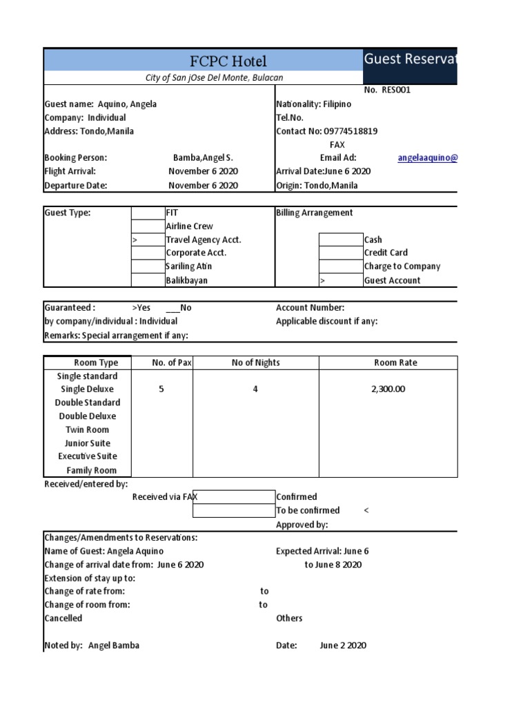 FCPC Hotel Guest Reservation Form | PDF | Credit Card | Service Industries