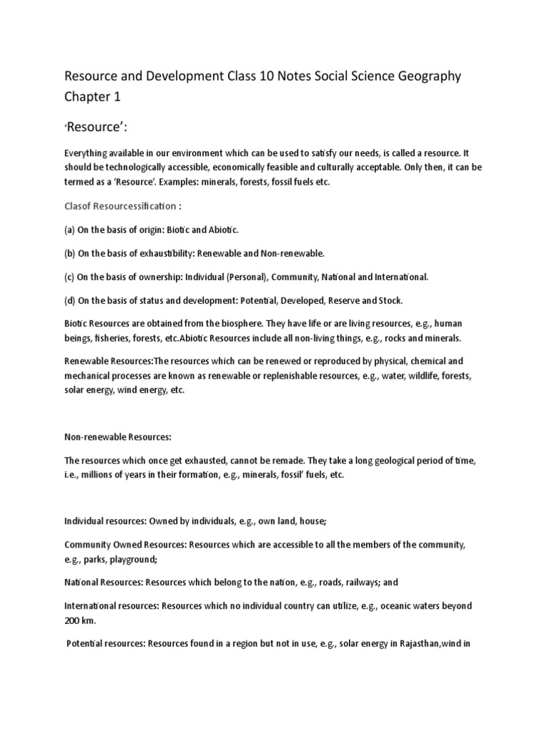 Resource and Development Class 10 Notes Social Science Geography ...
