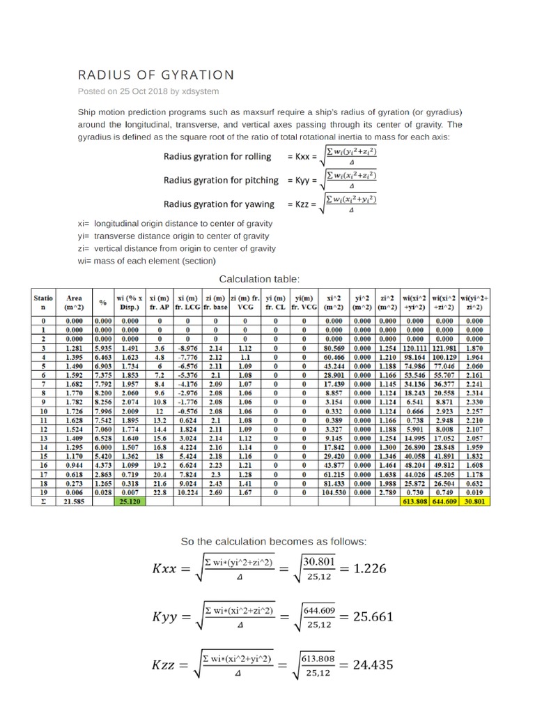 Radius of Gyration Sample Calculation | PDF