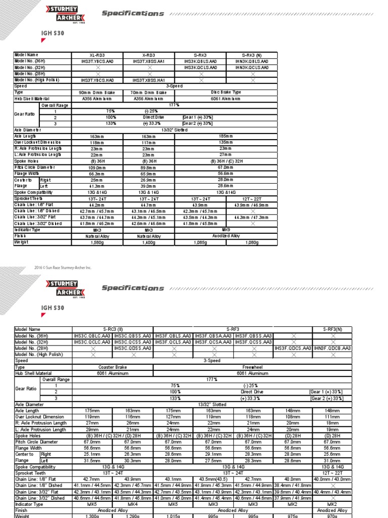 Specifications - Igh S30 | PDF | Gear | Wheel