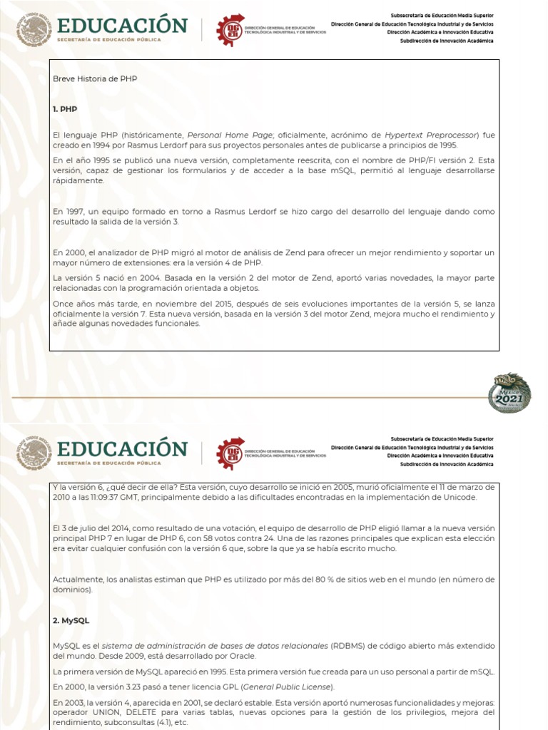 Historia de PHP y MySQL | PDF | Mi sql | Php