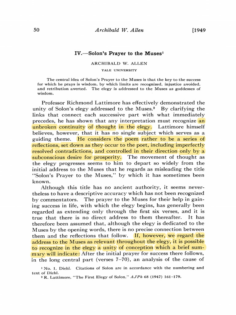 Solon's Prayer To The Muses - Allen - 1949 (Martim) | PDF | Muse | Wisdom