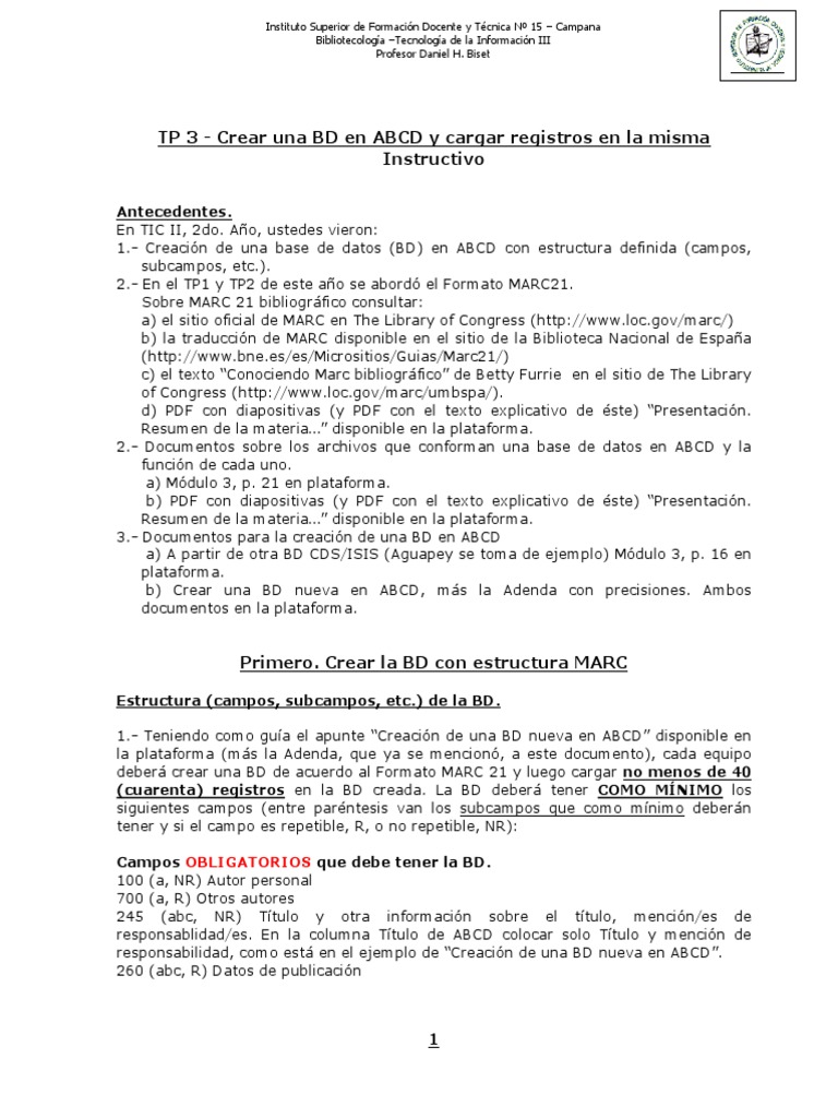 20210601-TP3 Crear BD ABCD Instructivo | PDF | La ciencia de la biblioteca | Maestros