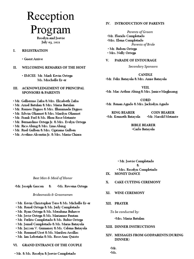 Reception Program: IV. Introduction of Parents | PDF | Bridesmaid ...