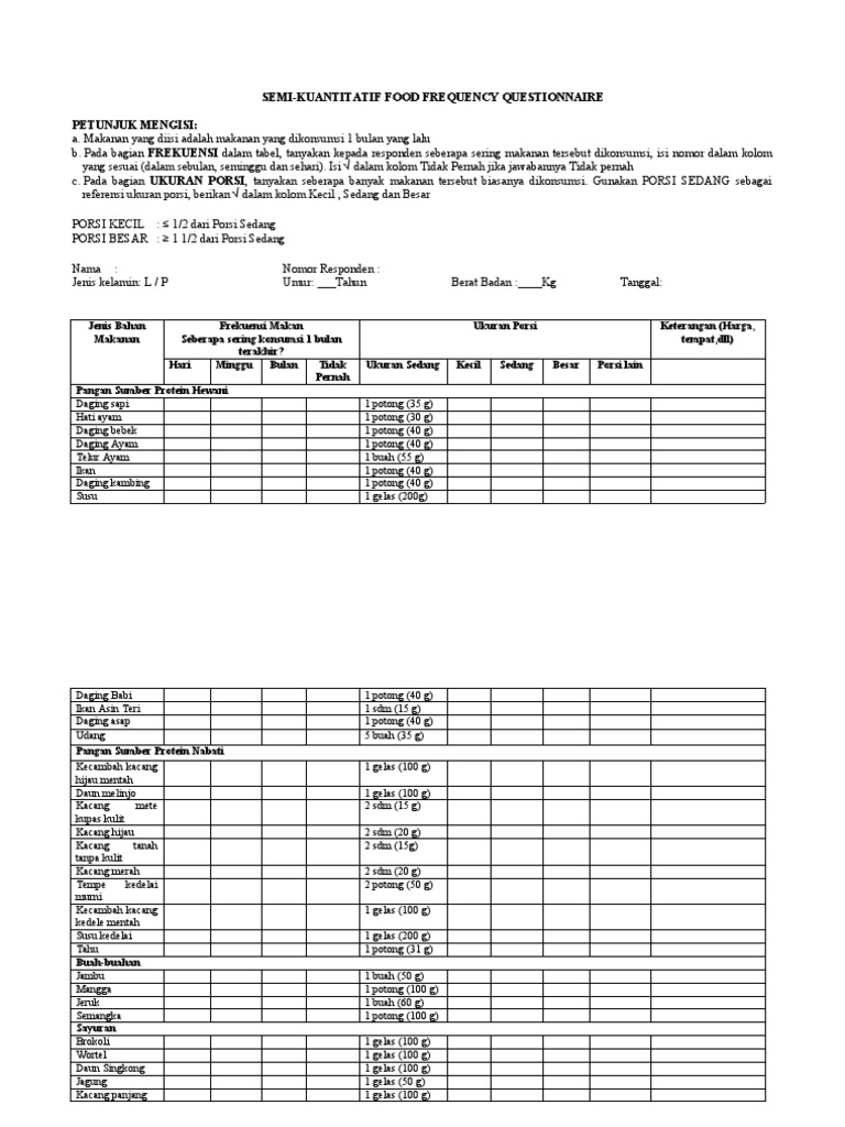Kuesioner FFQ Semi-Kuantitatif | PDF | Memasak, Makanan, & Anggur