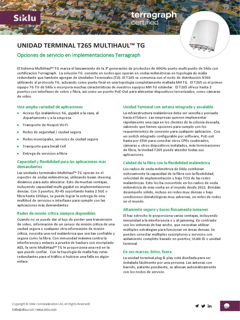 Siklu T265 Datasheet | PDF | Inalámbrico | Topología de la red