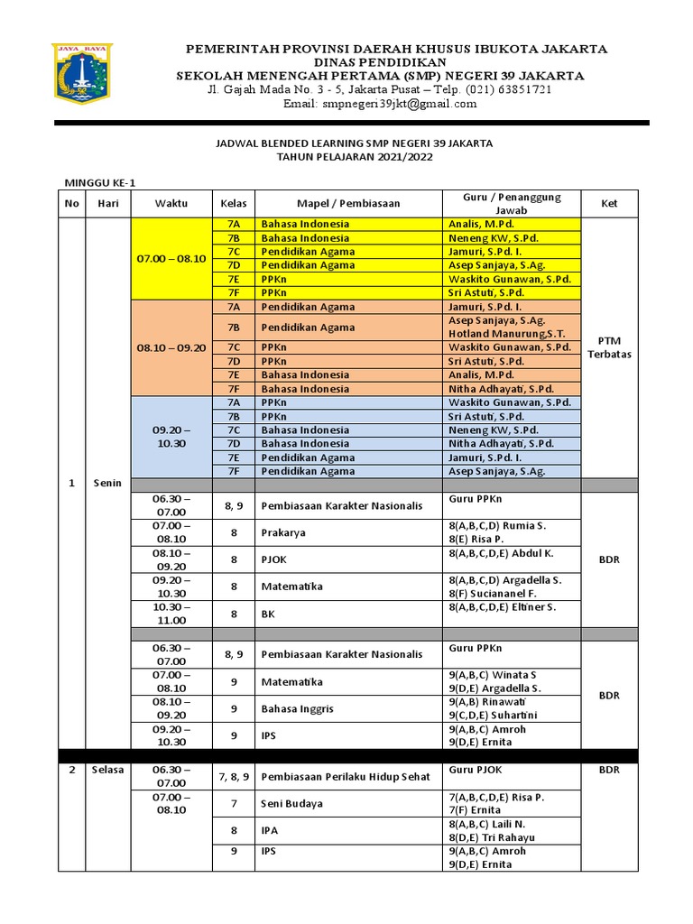 Jadwal Blended Learning (TERBARU) | PDF