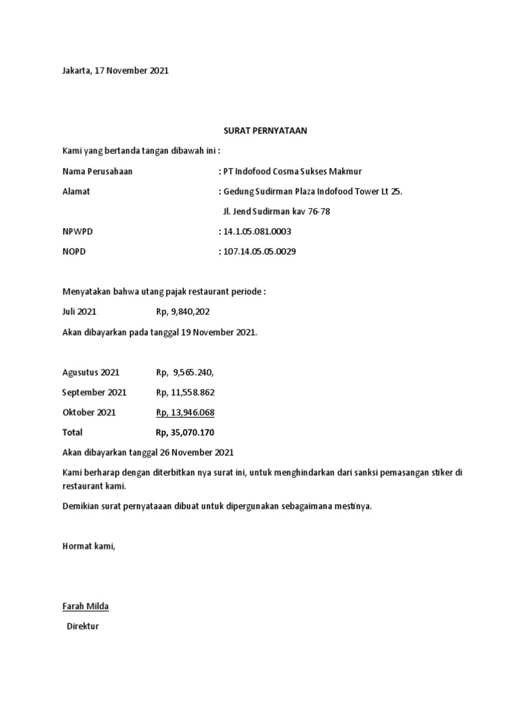 Surat Pernyataan - Pajak PB1 | PDF