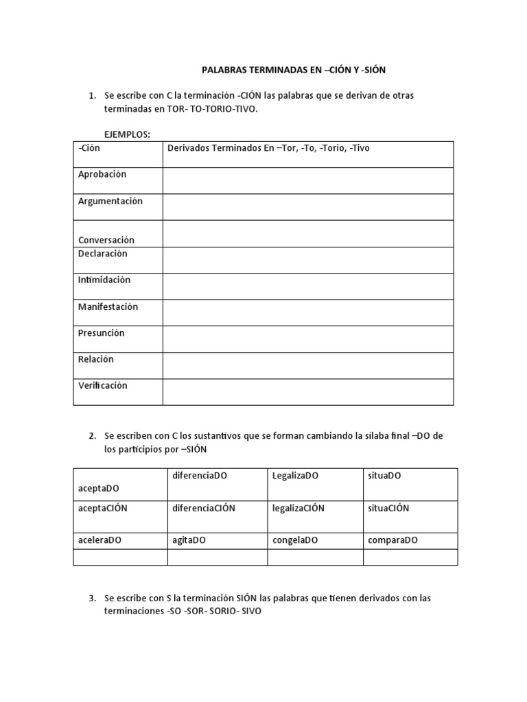 Palabras Terminadas en - Ción/ - Sión | PDF