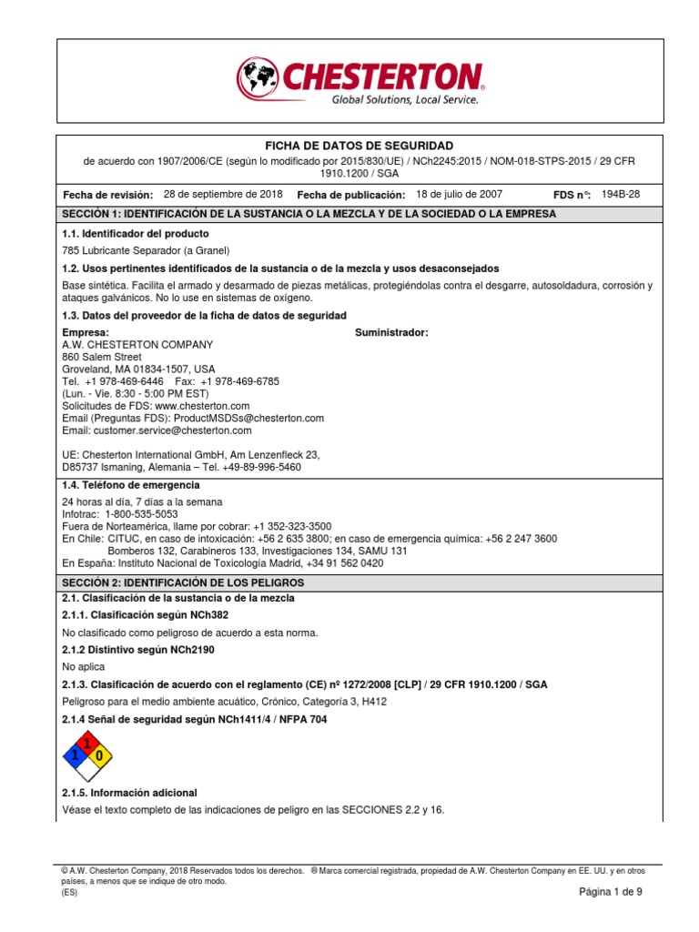 Chesterton 785 FG Granel | PDF | Toxicidad | Gasolina