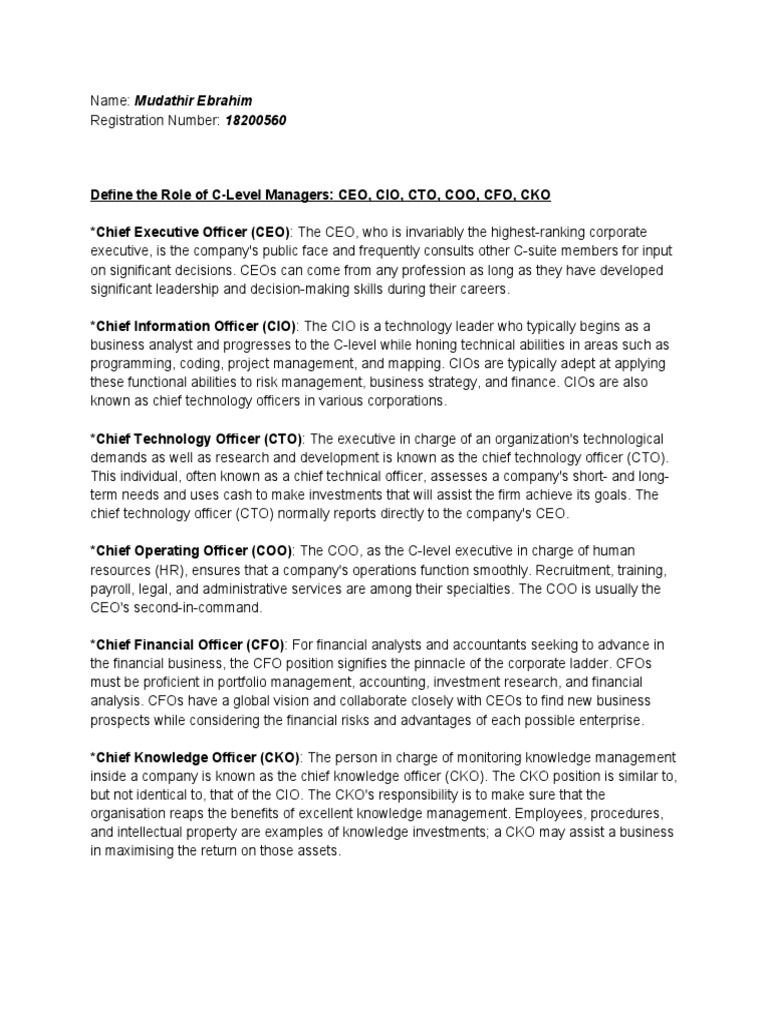 Define The Role of C-Level Managers: CEO, CIO, CTO, COO, CFO, CKO | PDF ...