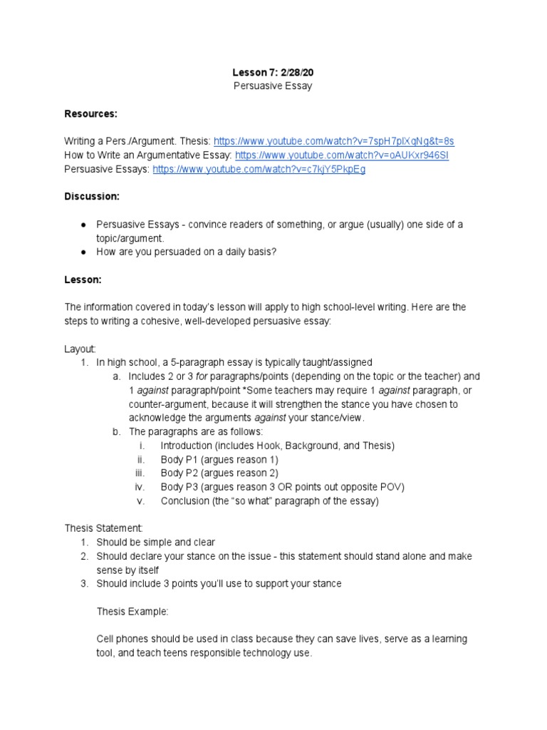 Lesson Plan Persuasive Essay | PDF | Essays | Argument