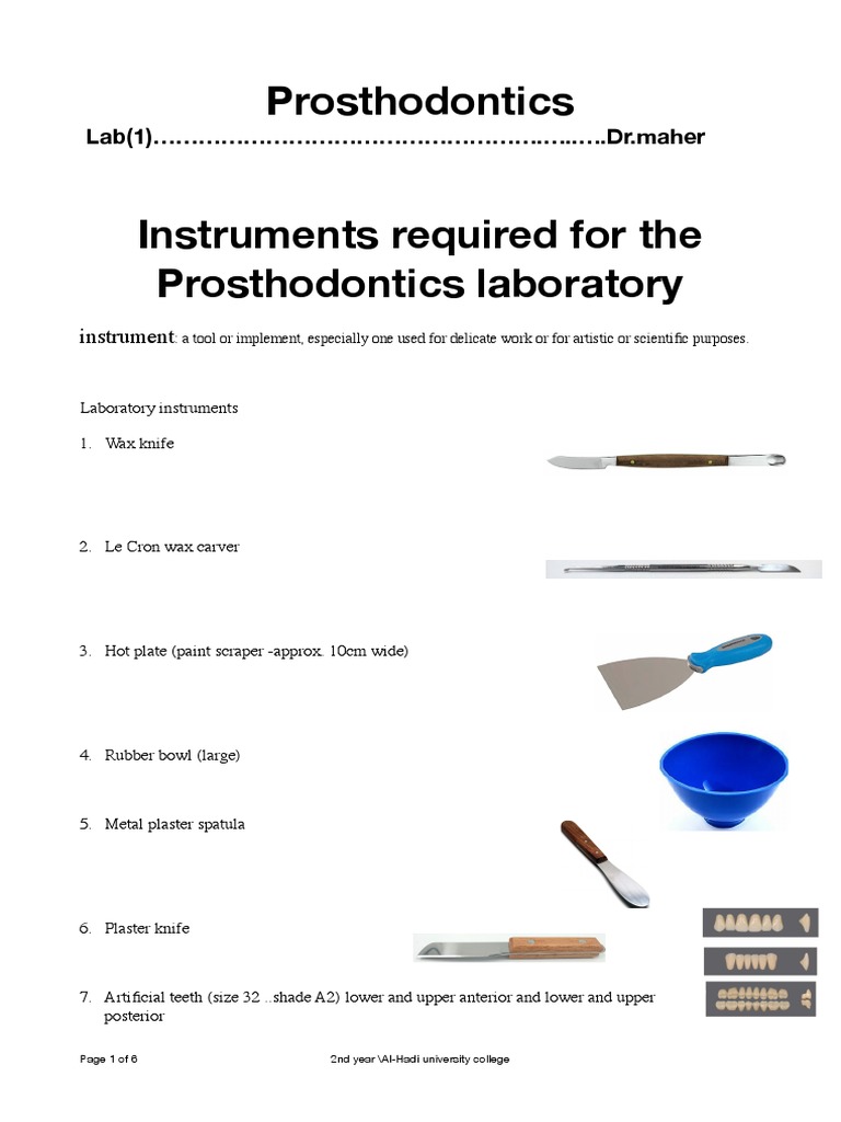 Prosthodontics Instruments Required For The Prosthodontics Laboratory ...