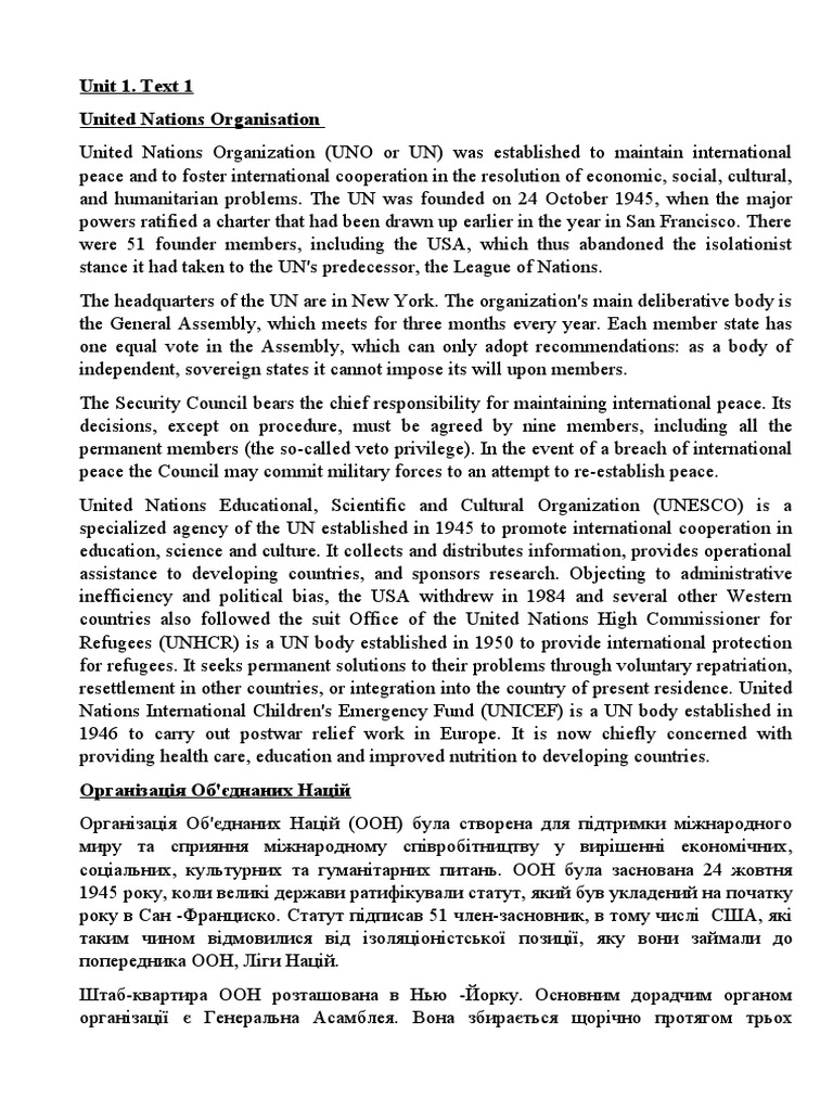 Unit 1. Text 1 United Nations Organisation | PDF | International ...