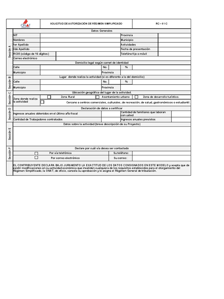 Modelo de Solicitud de Autorización Del Régimen Simplificado RC-01C ...