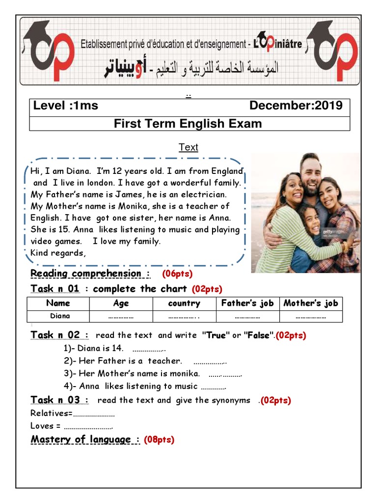 Level:1Ms December:2019 First Term English Exam | PDF | Communication ...