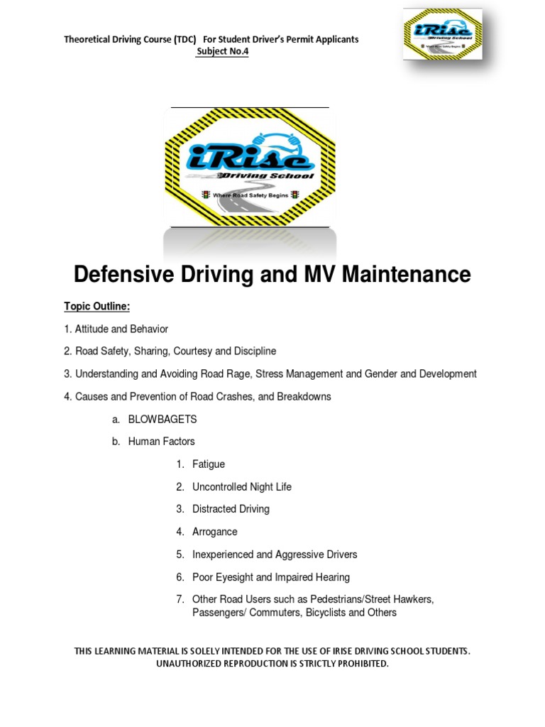 Subject 4-Defensive Driving and MV Maintenance | PDF | Driving | Traffic