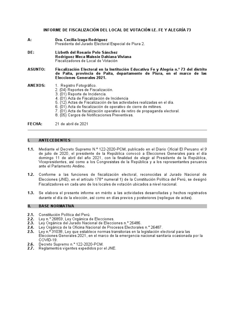 Informe Ie Fe y Alegria N 73 - Paita - Paita | PDF | Votación | Prohibición