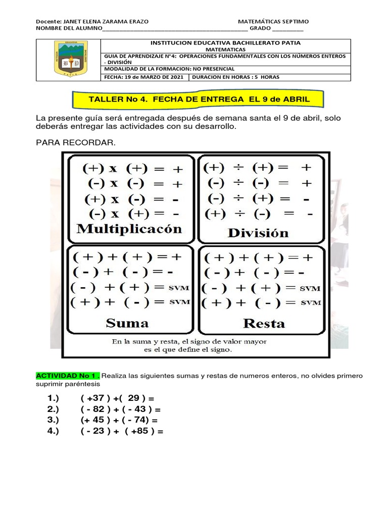 GUIA N°4 Operaciones # ENTEROS SEPTIMO | PDF | División (Matemáticas ...