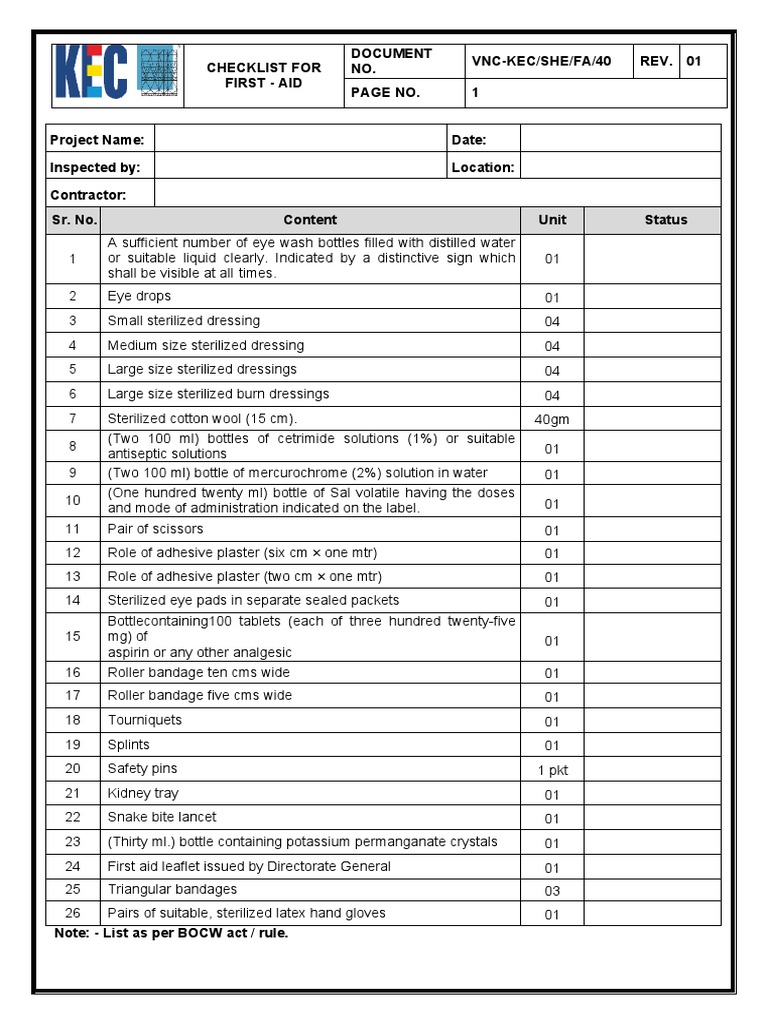 Checklist For First - Aid Document NO. VNC-KEC/SHE/FA/40 REV. 01 Page ...