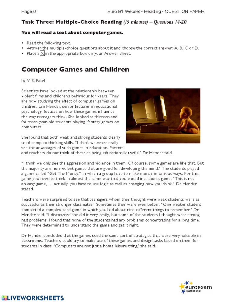 Computer Games and Children: Task Three: Multiple-Choice Reading (15 ...
