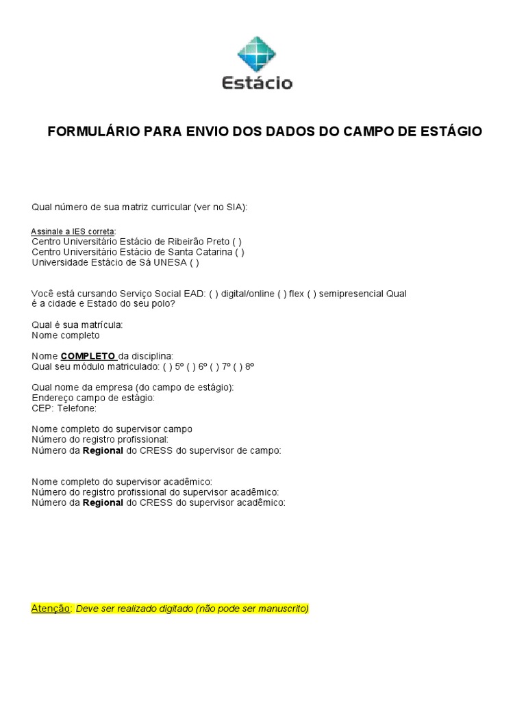 Formulário de Estágio em Serviço Social | PDF | Trabalho social ...