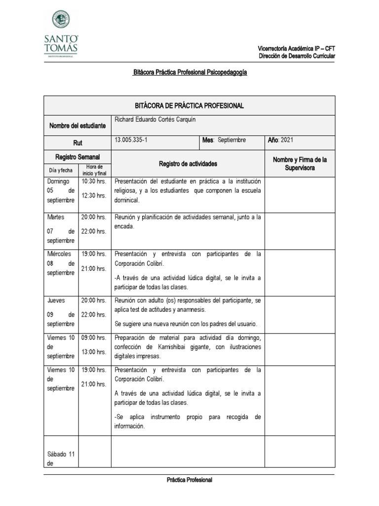 Bitácora Práctica Profesional 1ra Semana Del 05 Al 12 de Septiembre | PDF