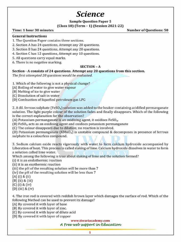 10 Science Sample Papers 5 | PDF