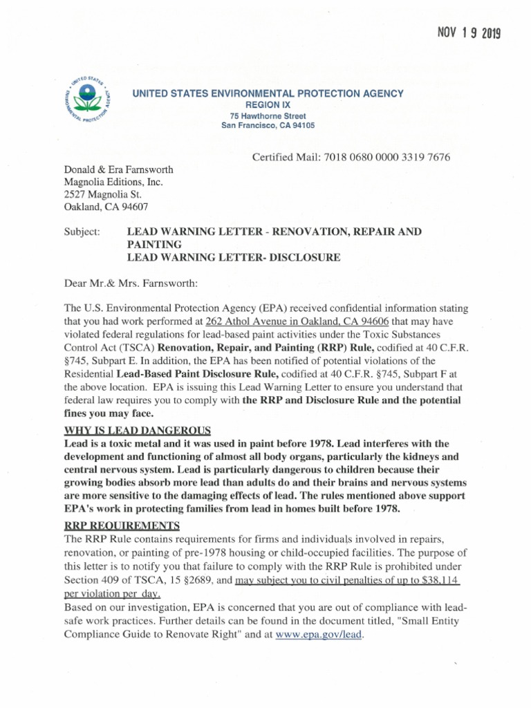EPA Warnings To Donald and Era Farnsworth - Lead Contamination ...