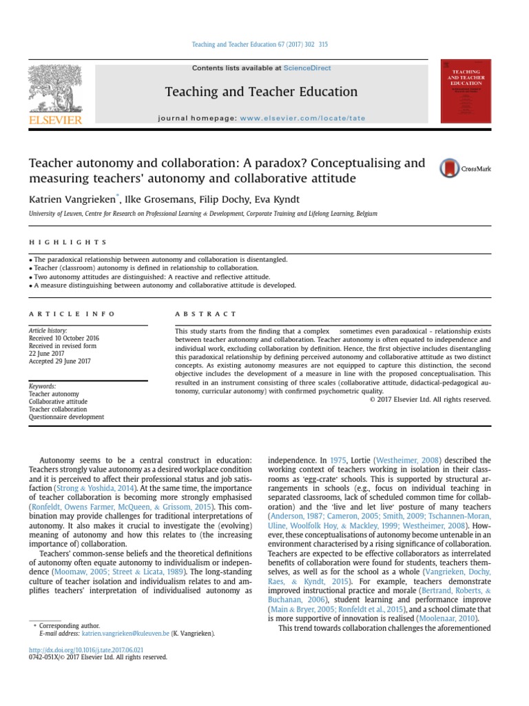 Teacher Autonomy and Collaboration A Paradox Conceptualising and ...
