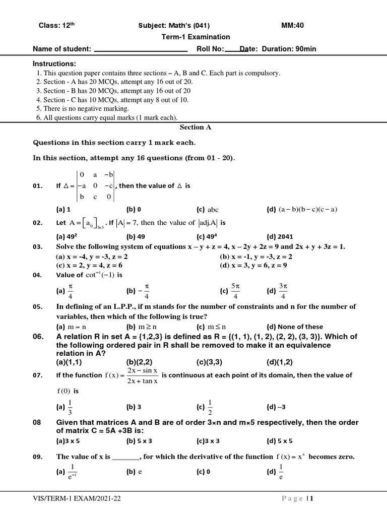 Class 12 Maths Term-1 Exam 2021 | PDF | Function (Mathematics ...
