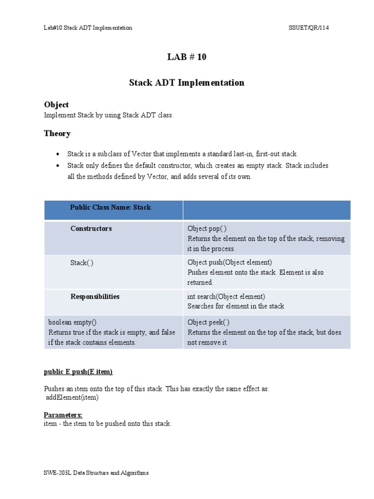 LAB # 10 Stack ADT Implementation: Object | PDF | Programming | Constructor (Object Oriented ...