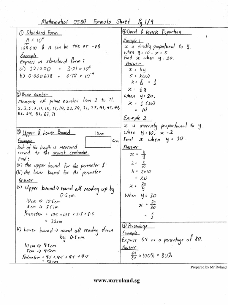 Mathematics 0580 Formula Sheet | PDF